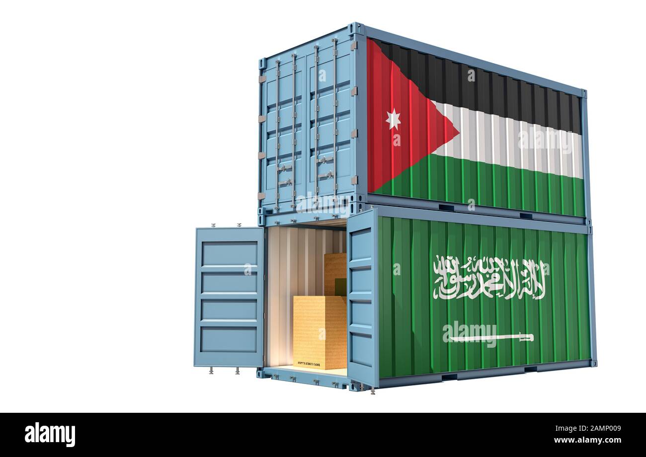 Freight container with Saudi Arabia and Jordan flag. 3D Rendering Stock ...