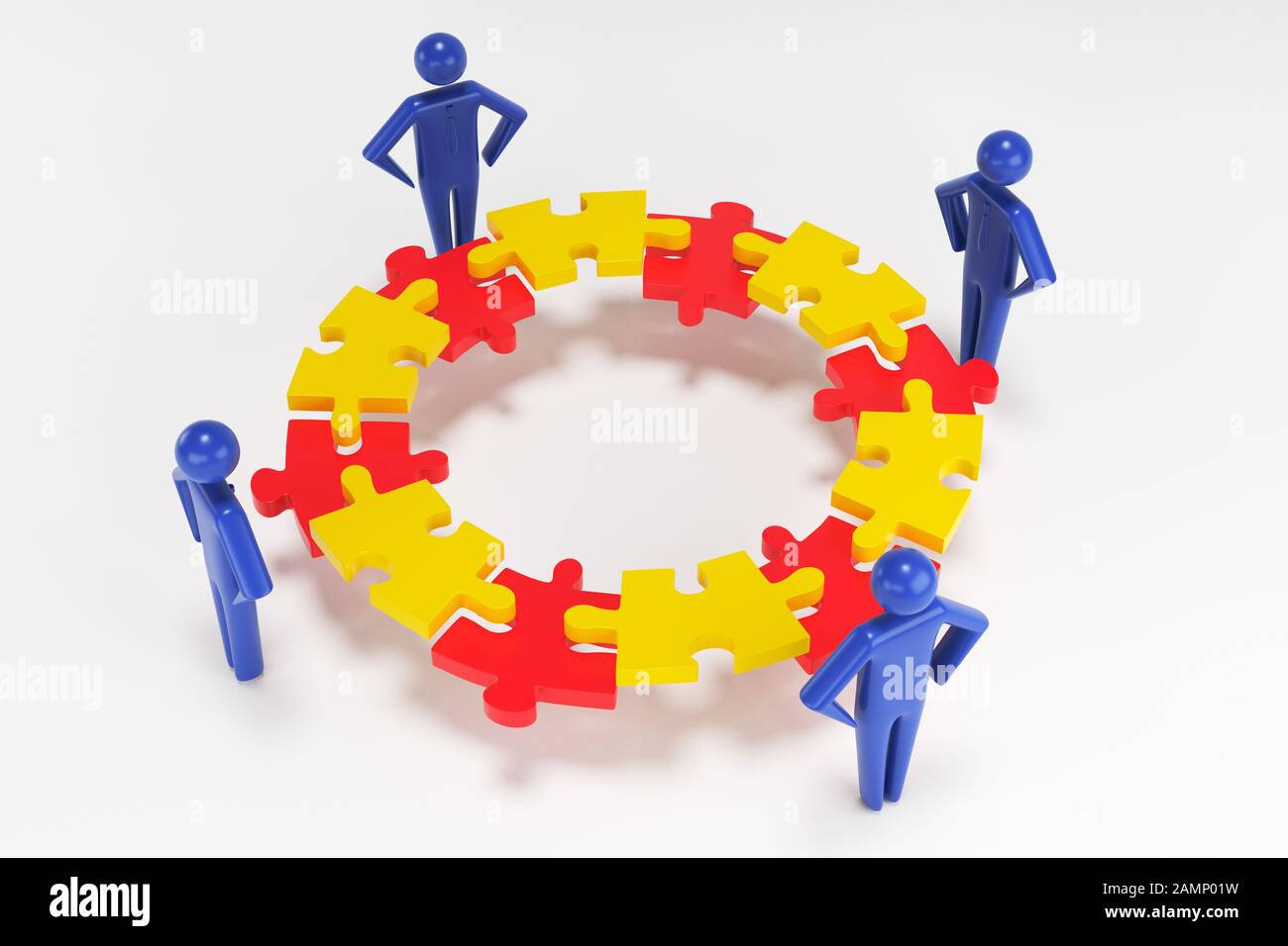 Four human 3d figures are holding pieces of a puzzle in their hands ...