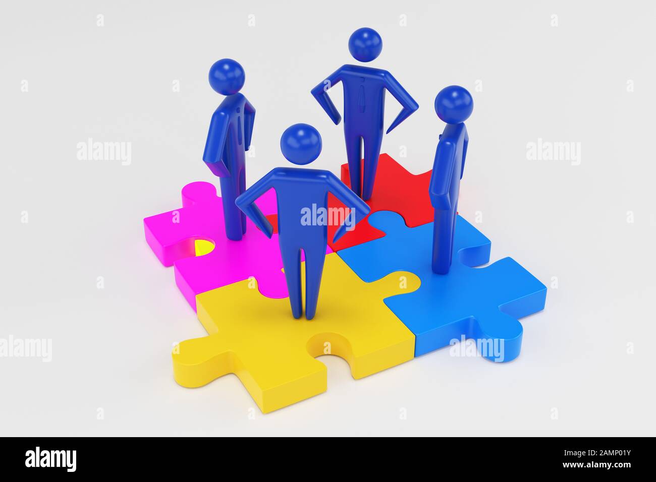 Four 3d man are standing on pieces of the puzzle. Teamwork concept. 3d ...