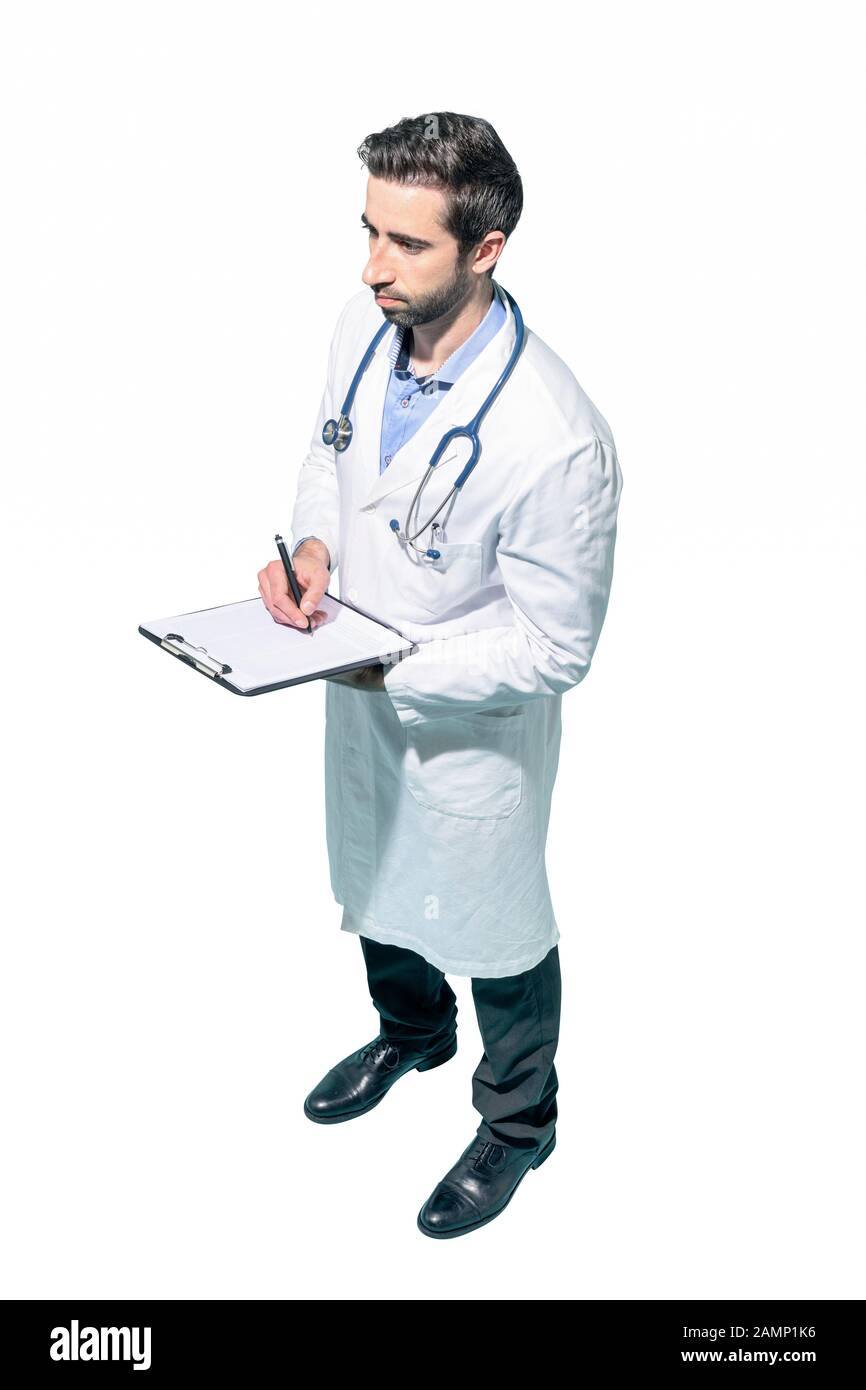 Doctor writing medical records on a clipboard, white background Stock ...