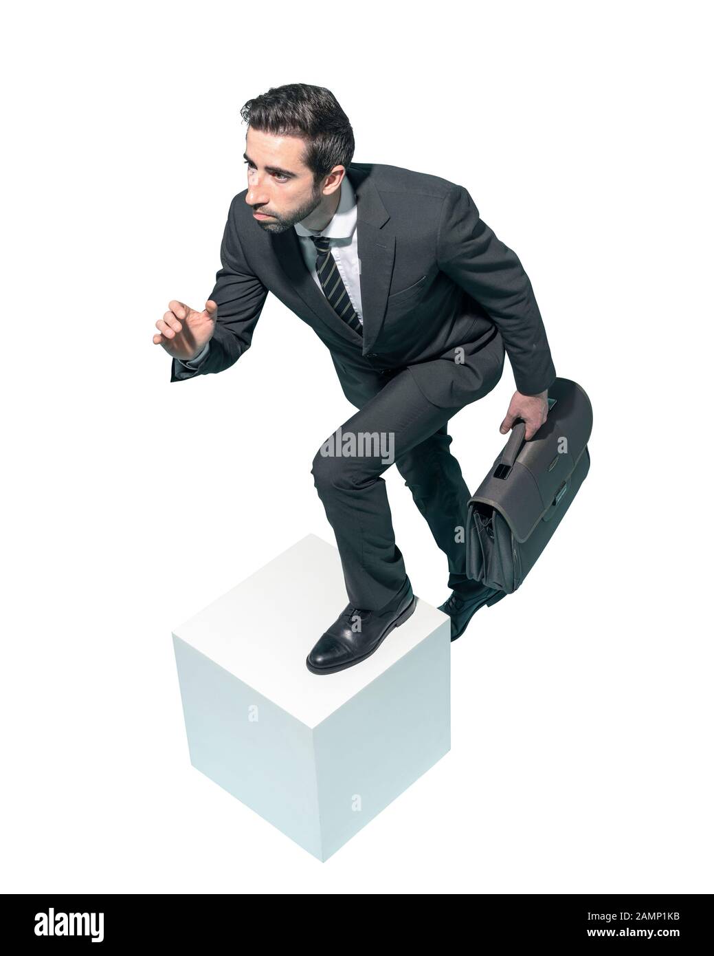 Efficient fast businessman running with his briefcase on white ...