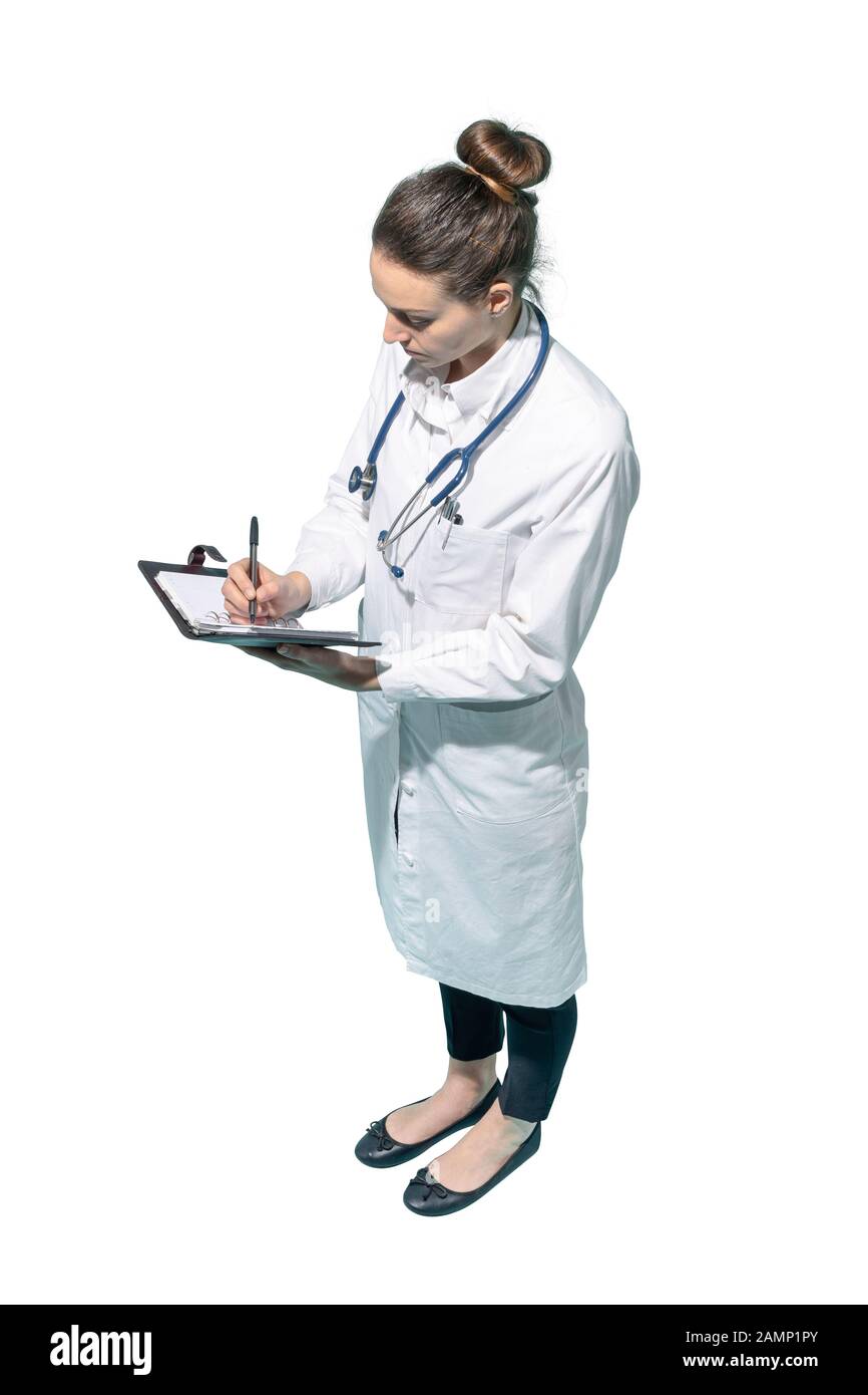 Professional female doctor writing medical records, white background ...