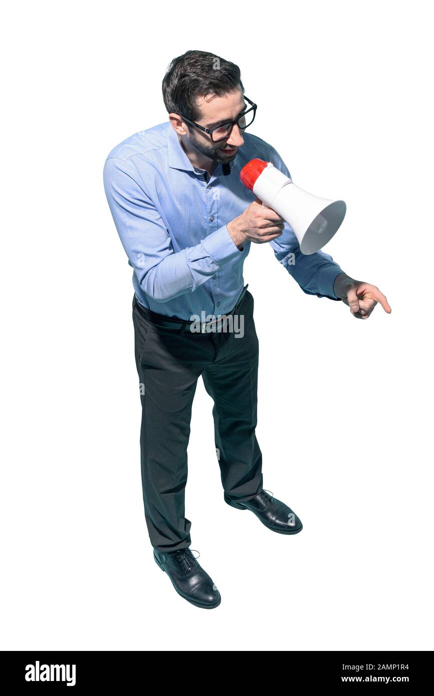 Confident man talking with a megaphone and giving a speech, marketing ...