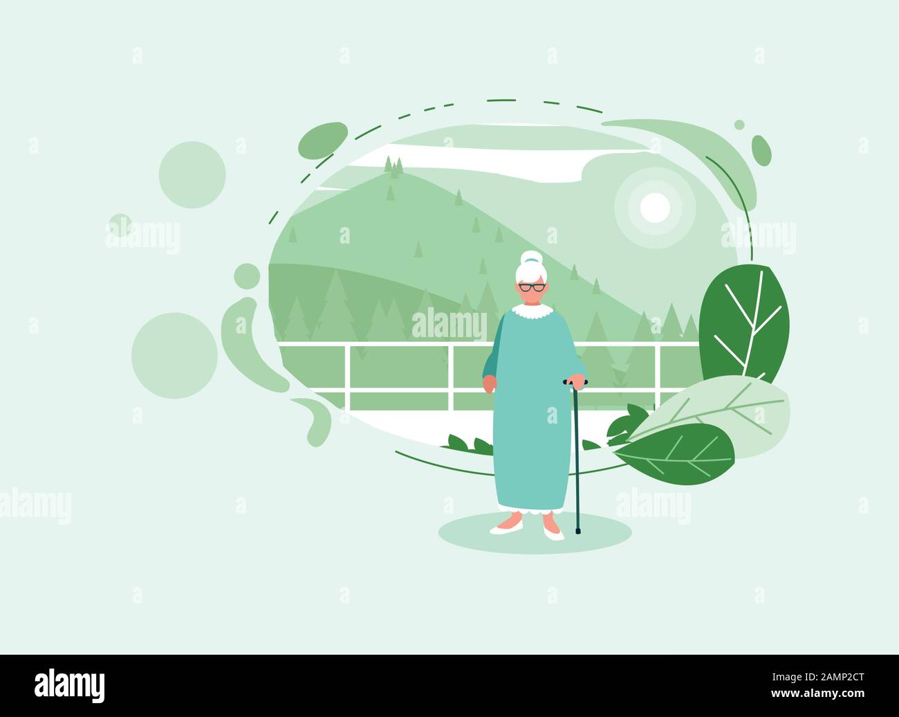 Grandmother in front of pine trees design, Old woman female person ...