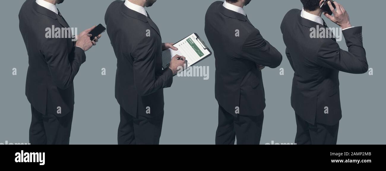 Corporate business people standing together in line, they are using ...