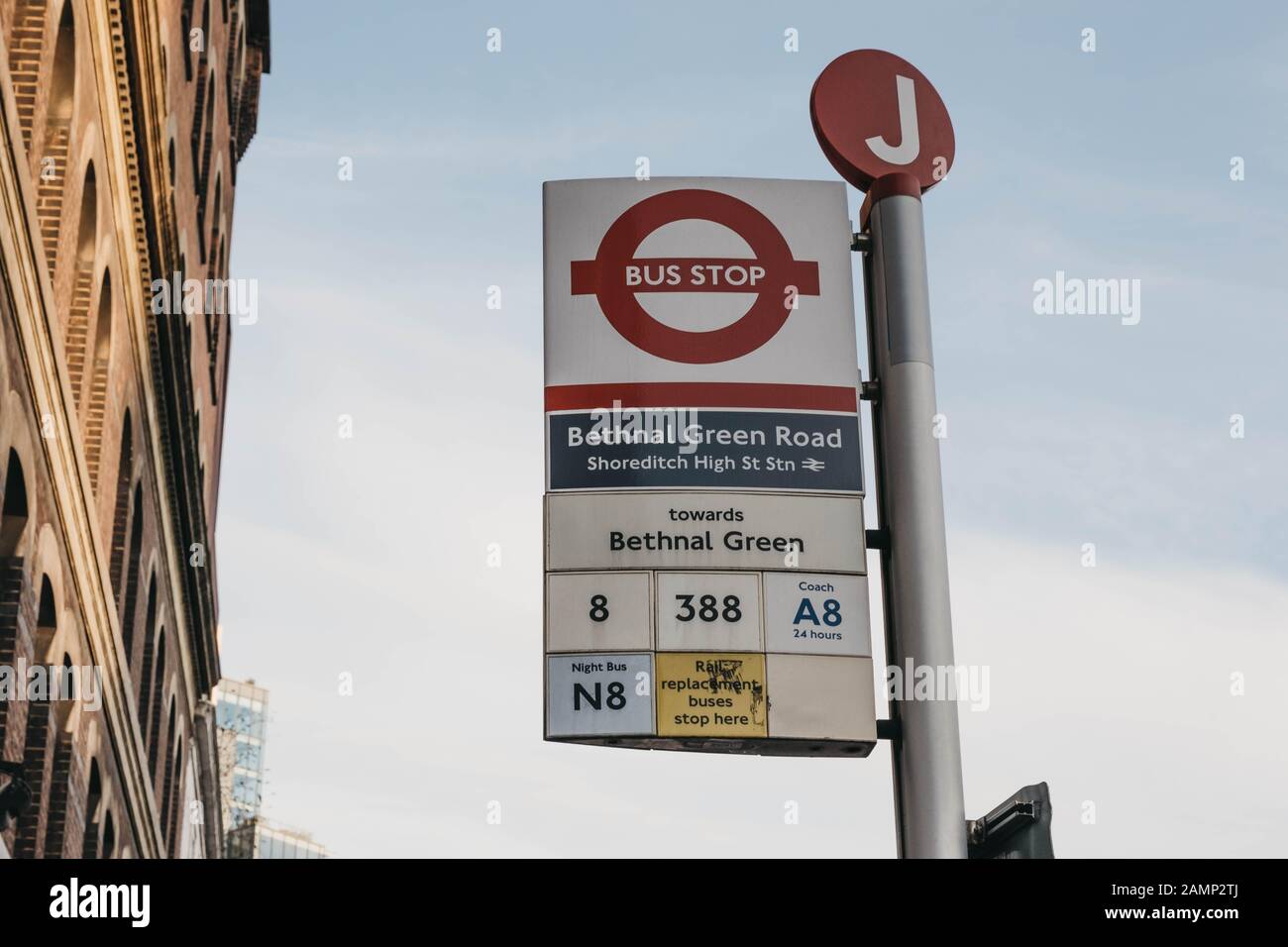 London, UK - December 29, 2019: Close up of bus stop sign for Bethnal ...