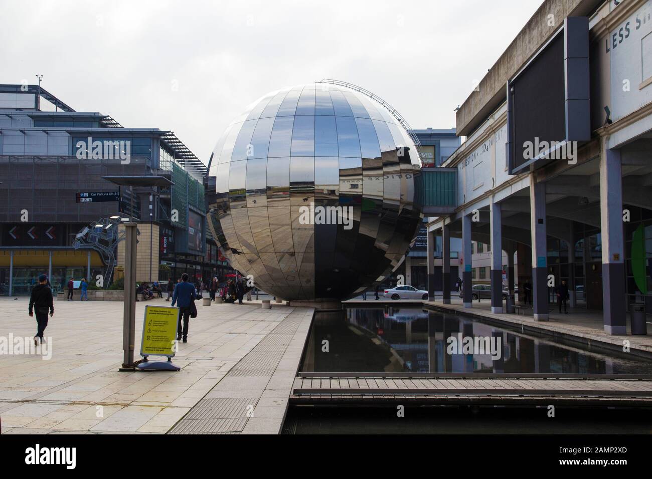 BRISTOL, UK - APRIL 8, 2019. Reflective chrome sphere of the cinema of ...