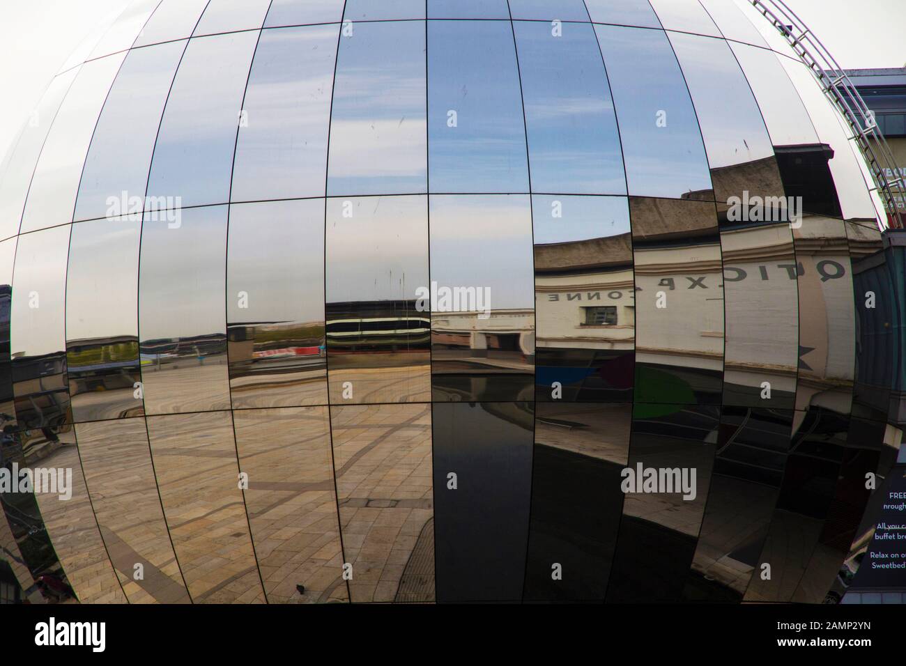BRISTOL, UK - APRIL 8, 2019. Reflective chrome sphere of the cinema of ...