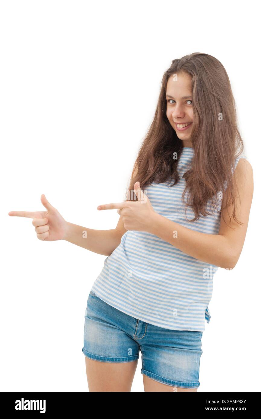 Woman points teeth hi-res stock photography and images - Alamy