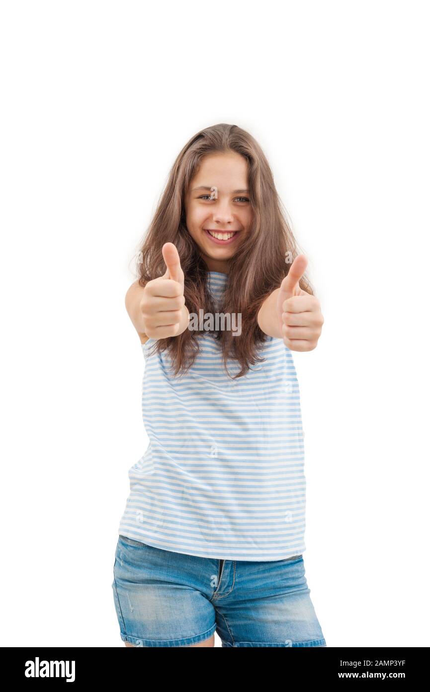 Girl showing thumbs up on a white background Stock Photo - Alamy