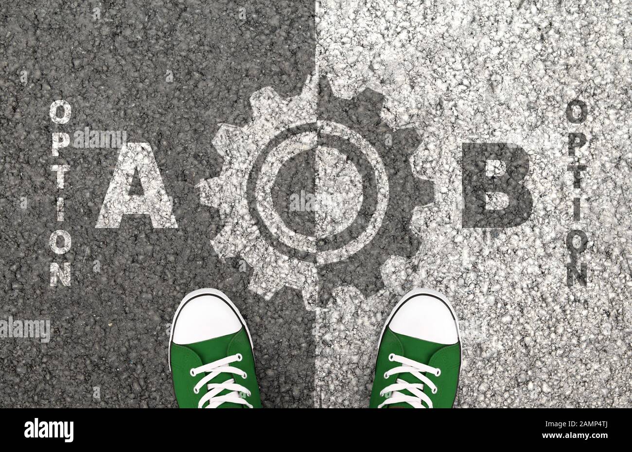 Woman in sneakers choosing between two options Stock Photo - Alamy