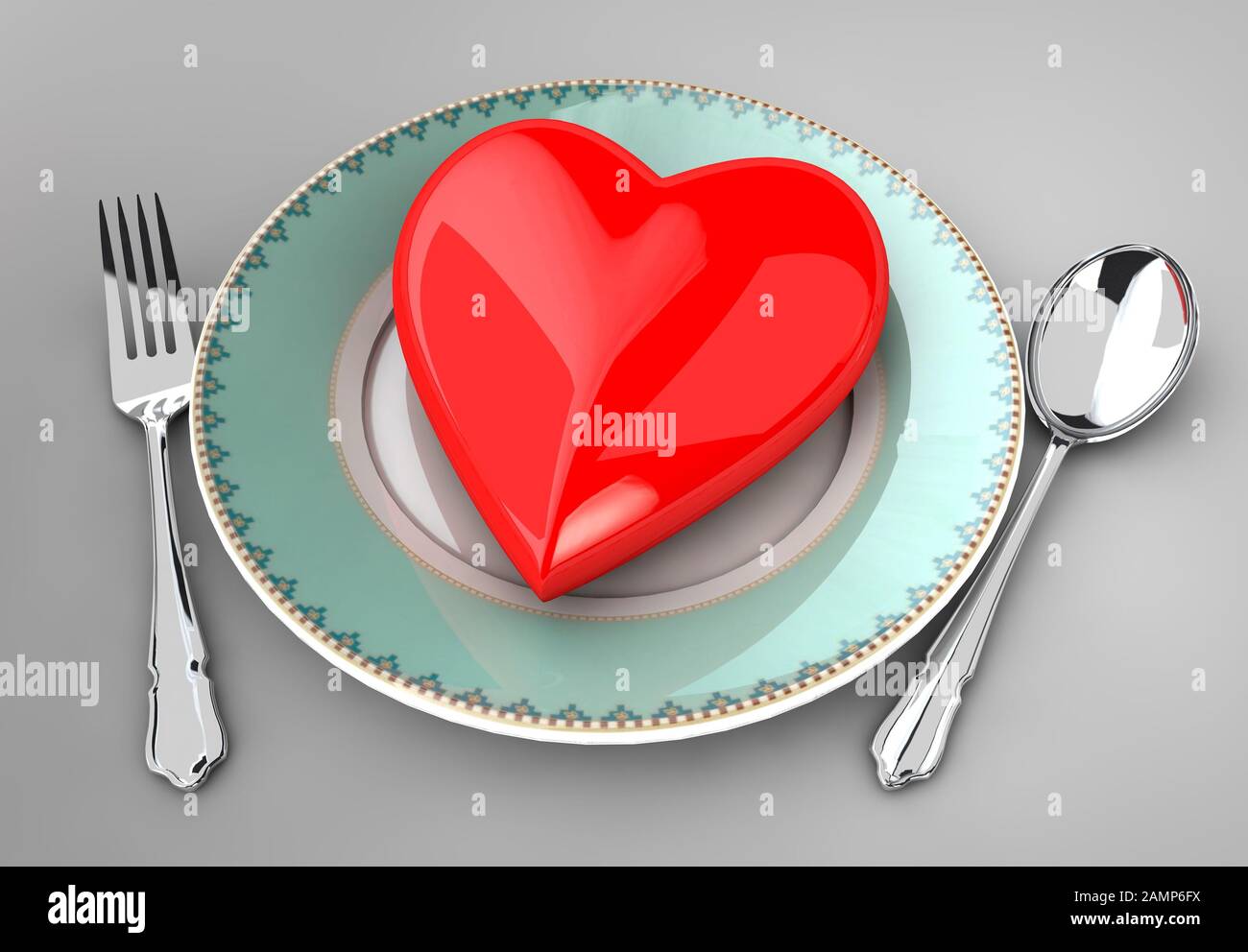 Heart on a plate with a fork and spoon. 3d render Stock Photo - Alamy