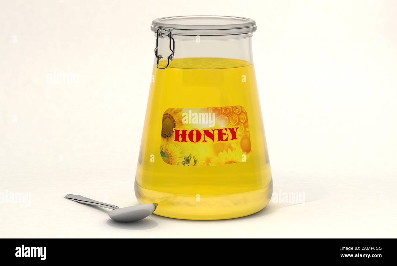 Jar of honey with a spoon. 3d render Stock Photo - Alamy