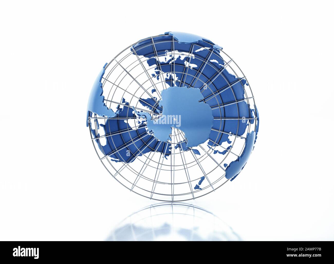 Earth globe stylized with metal grid. South Pole view. On white ...