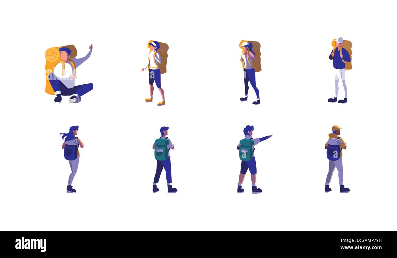 Hikers with bags set design, Walker excursionist rambler tripper ...