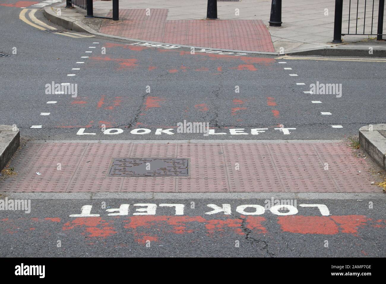 London pedestrian signs - look right and look left. Traffic warning ...