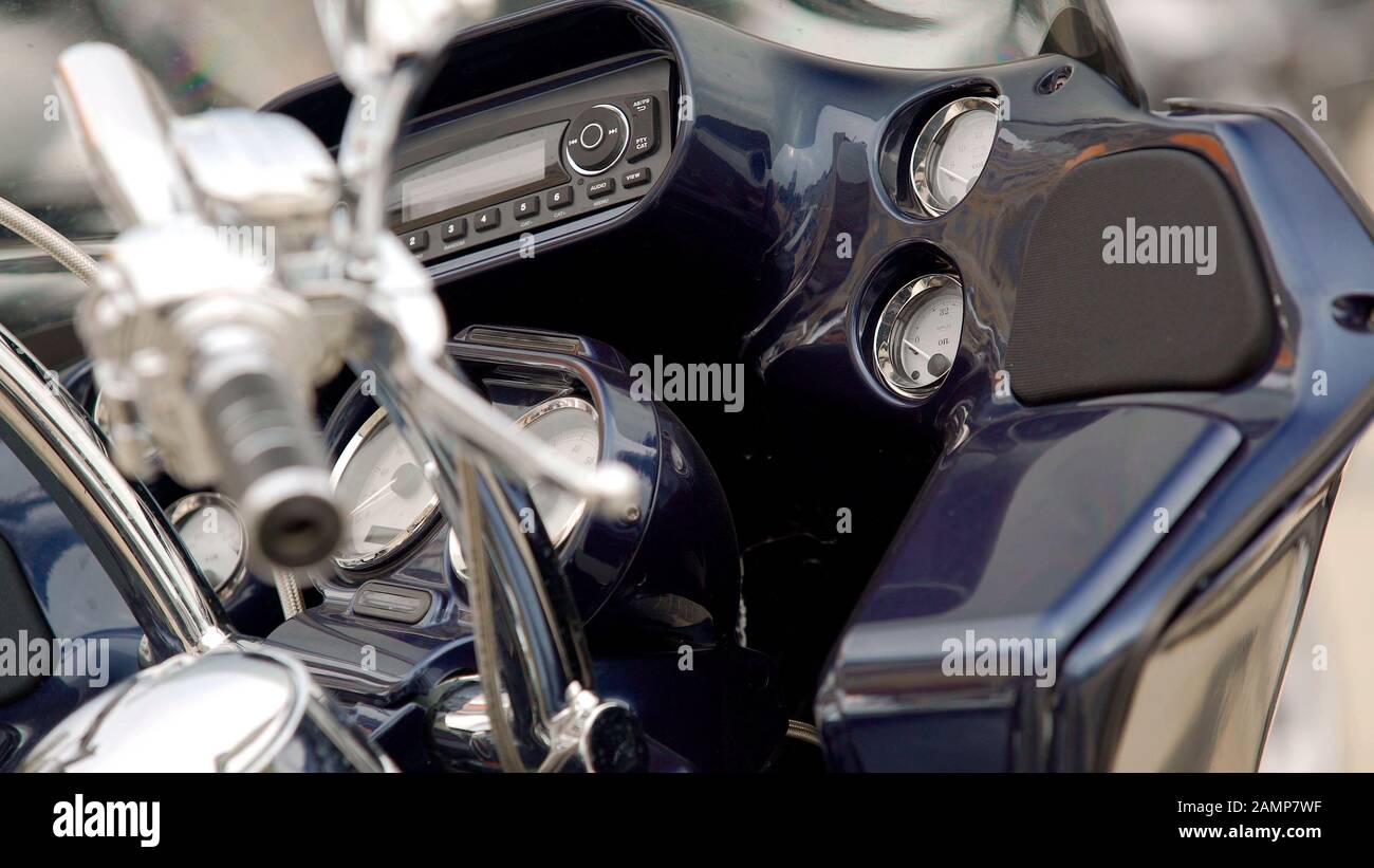 Cleaned up motorcycle handles and dark blue dashboard, motorbike ...