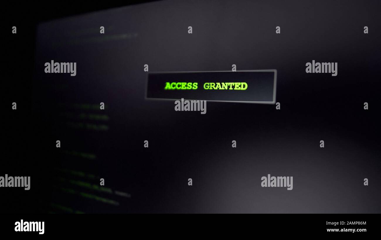 Access granted on screen, computer criminal hacking website, successful ...
