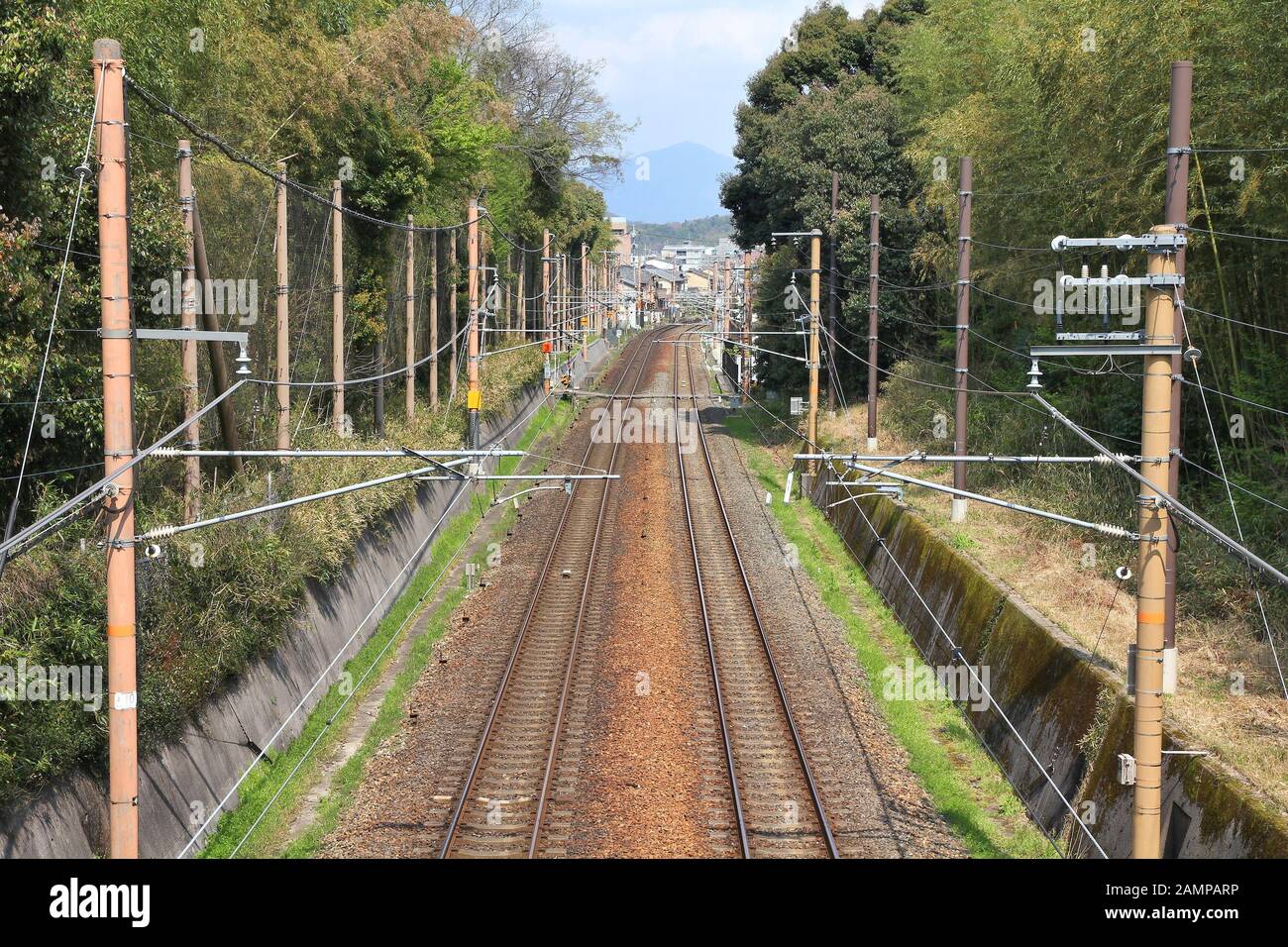 Kyoto, Japan - railroad tracks. Railway transportation infrastructure ...