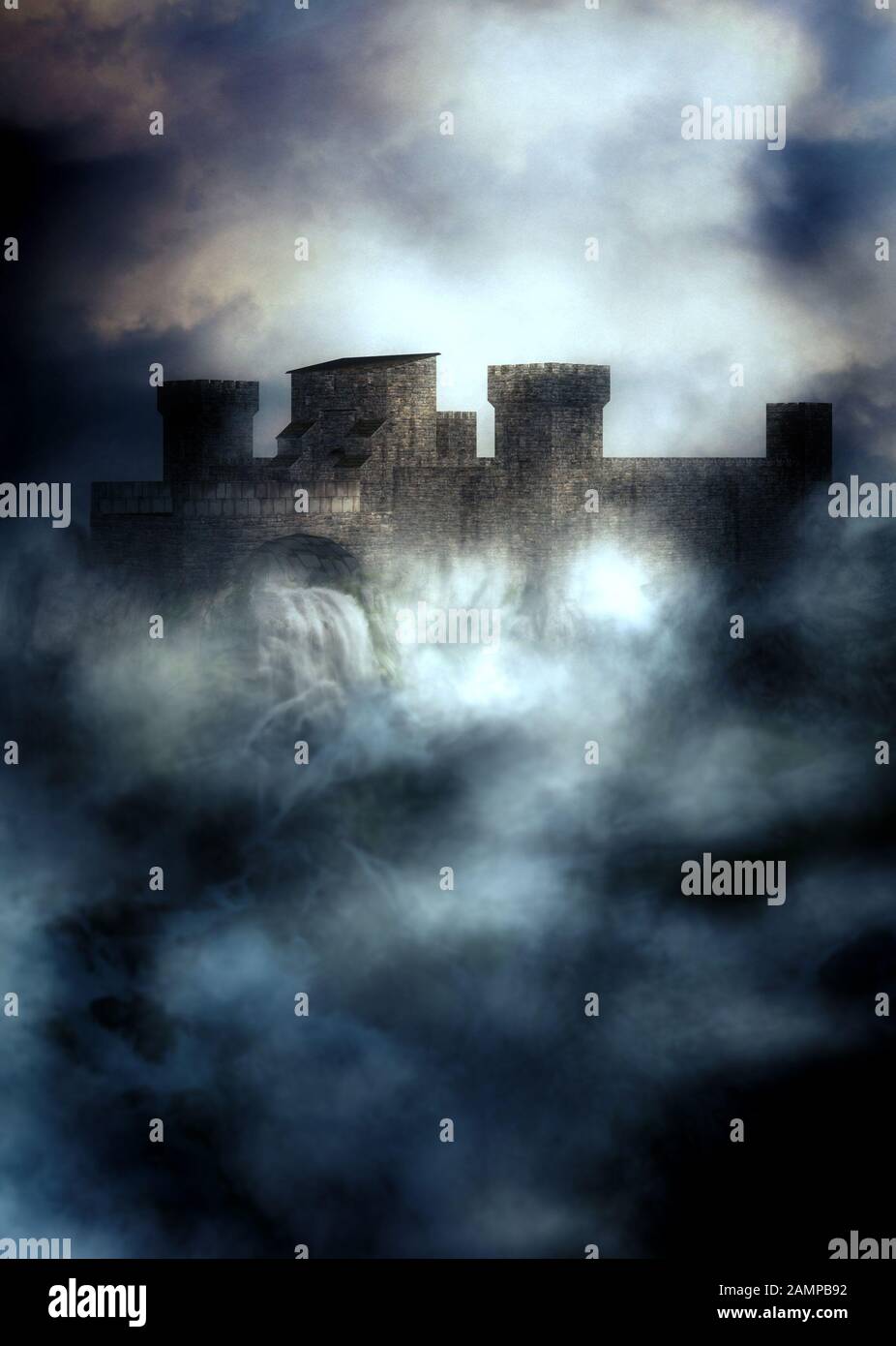 Digital rendered medieval fortress in the heavy fog at night, 3d ...