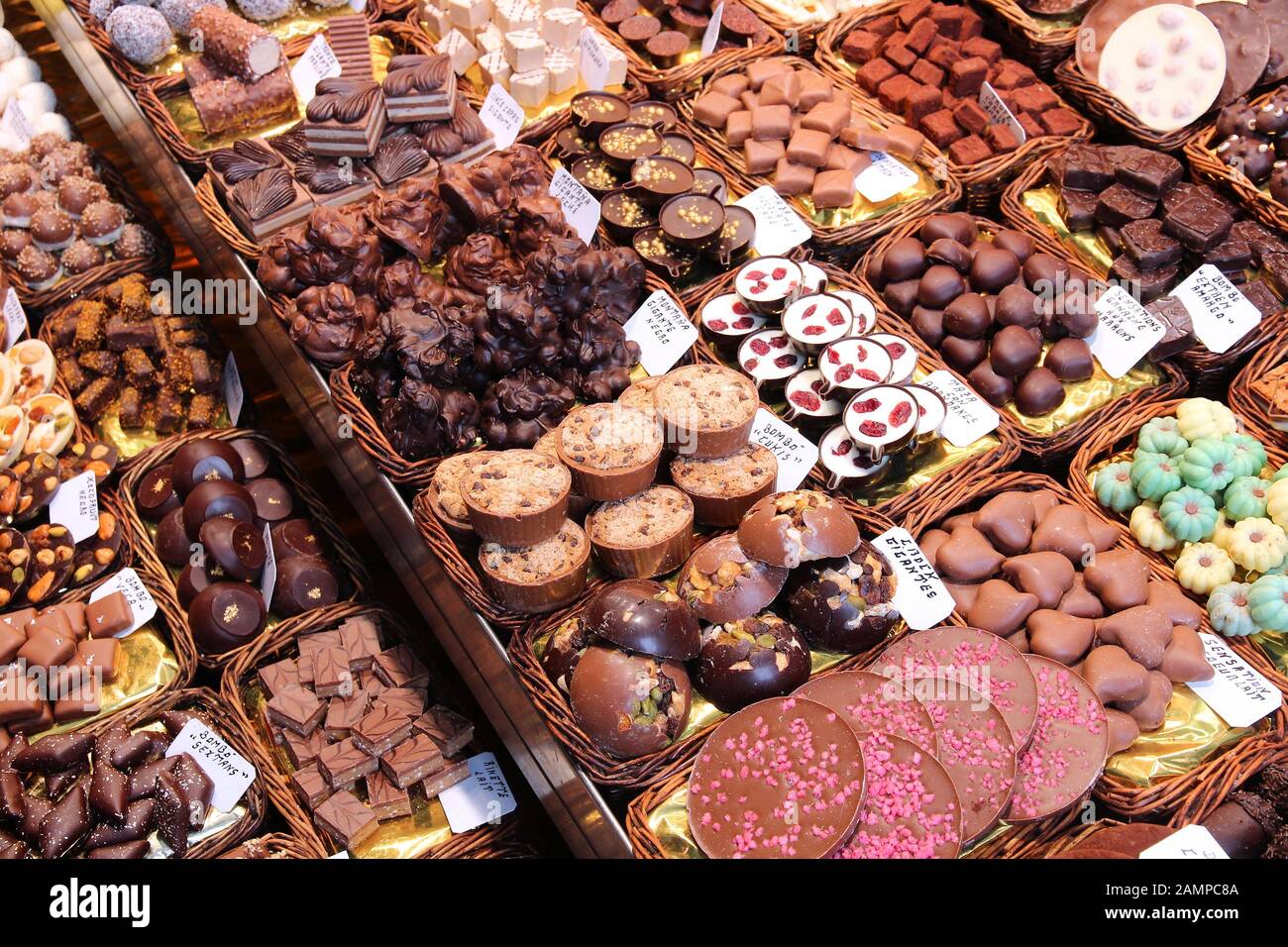 Confectionery at Boqueria market place in Barcelona, Spain. Assorted ...