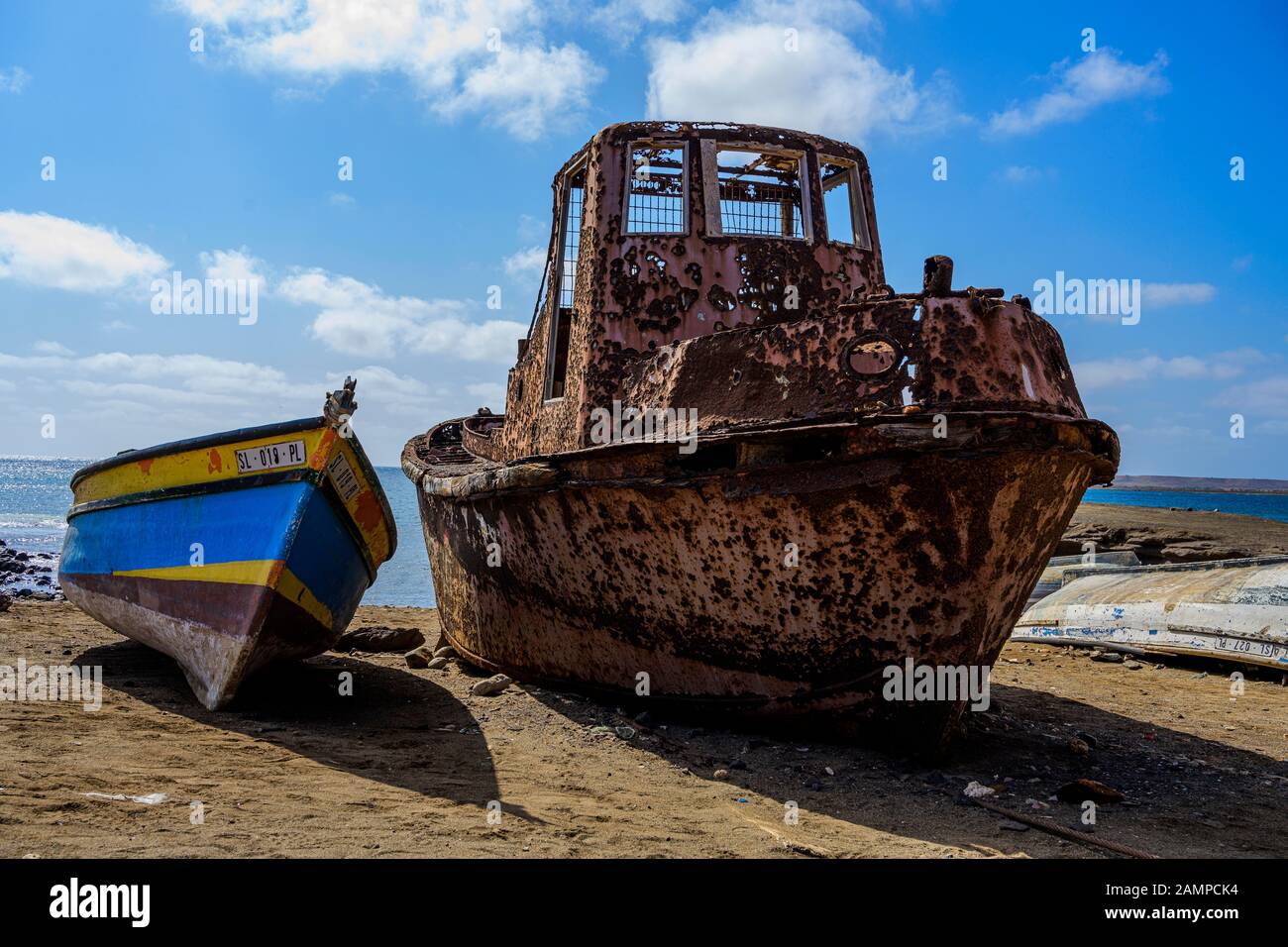 Old rusty boat on the beach at Pedra Lume, Sal Island, Cape Verde Stock ...