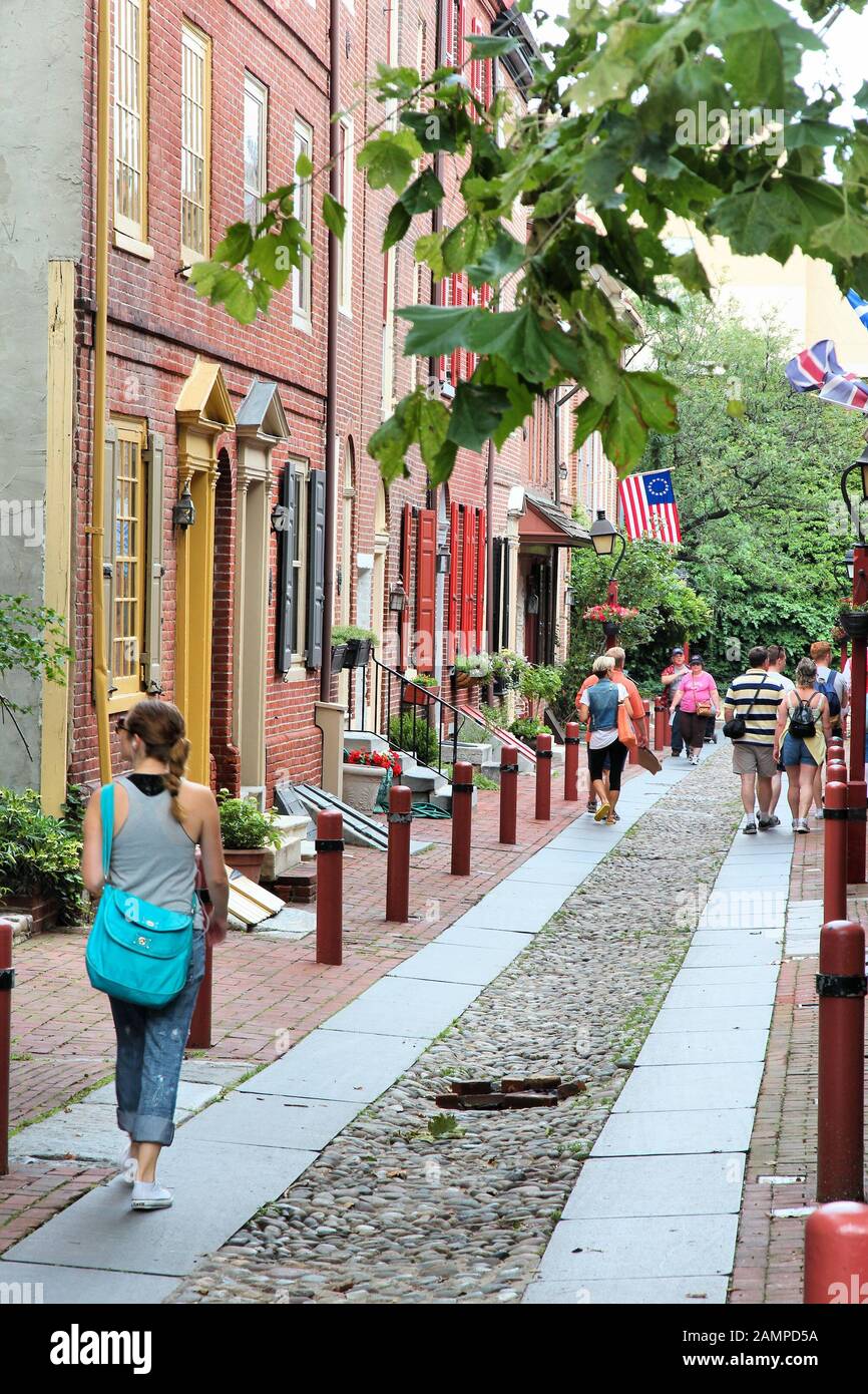PHILADELPHIA, USA - JUNE 11, 2013: People visit Elfreth's Alley in ...