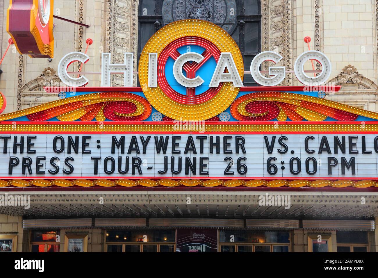 CHICAGO, USA - JUNE 28, 2013: Chicago Theatre sign. Chicago Theatre was ...