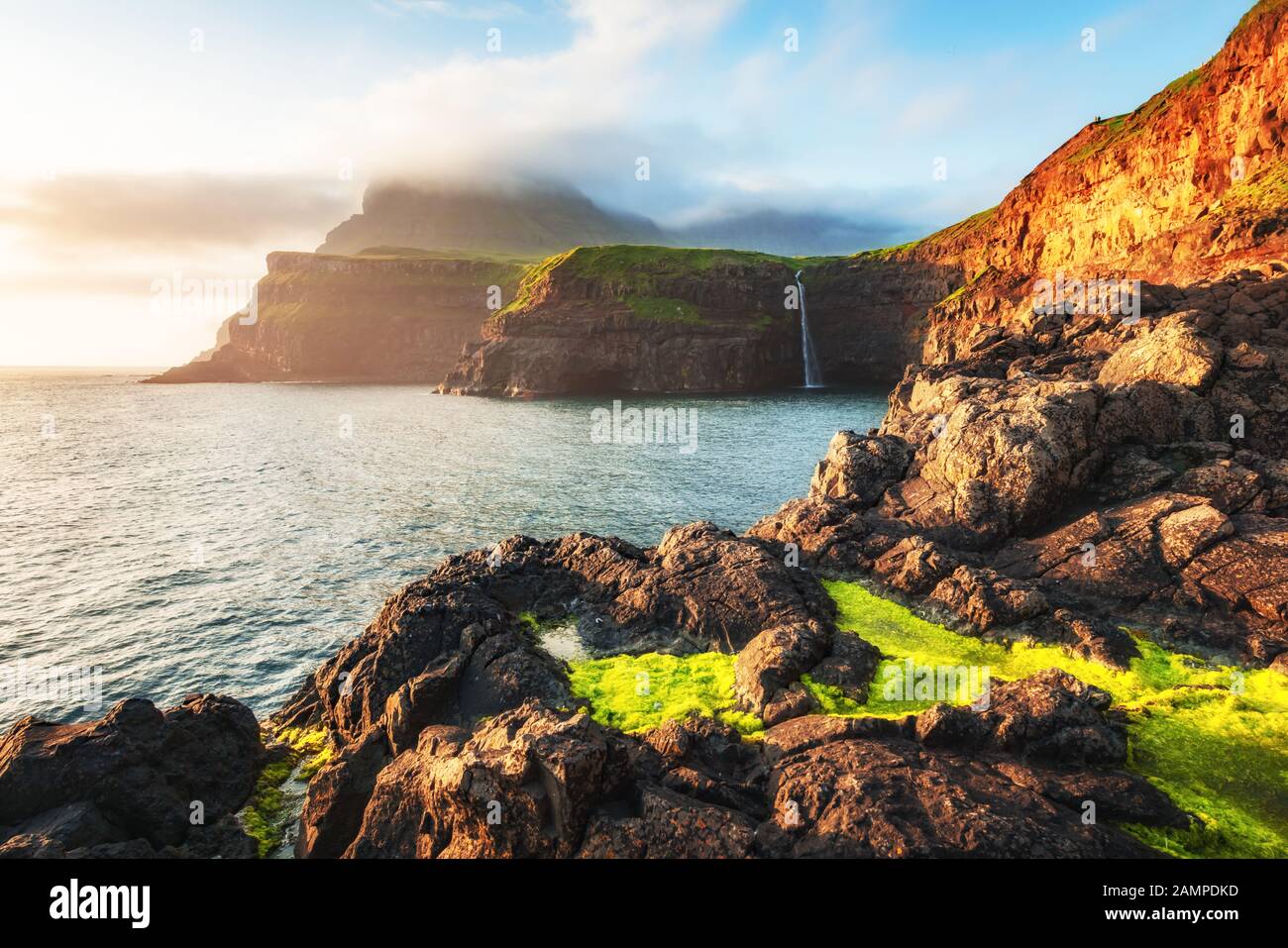 Incredible view of Mulafossur waterfall in Gasadalur village, Vagar ...