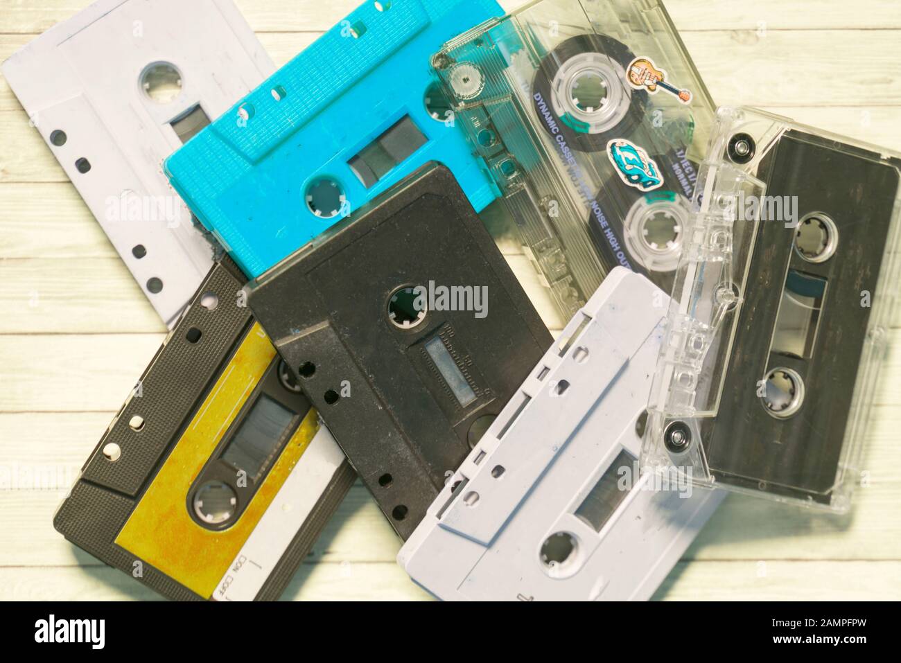 Old cassette tapes with a wooden background Stock Photo - Alamy