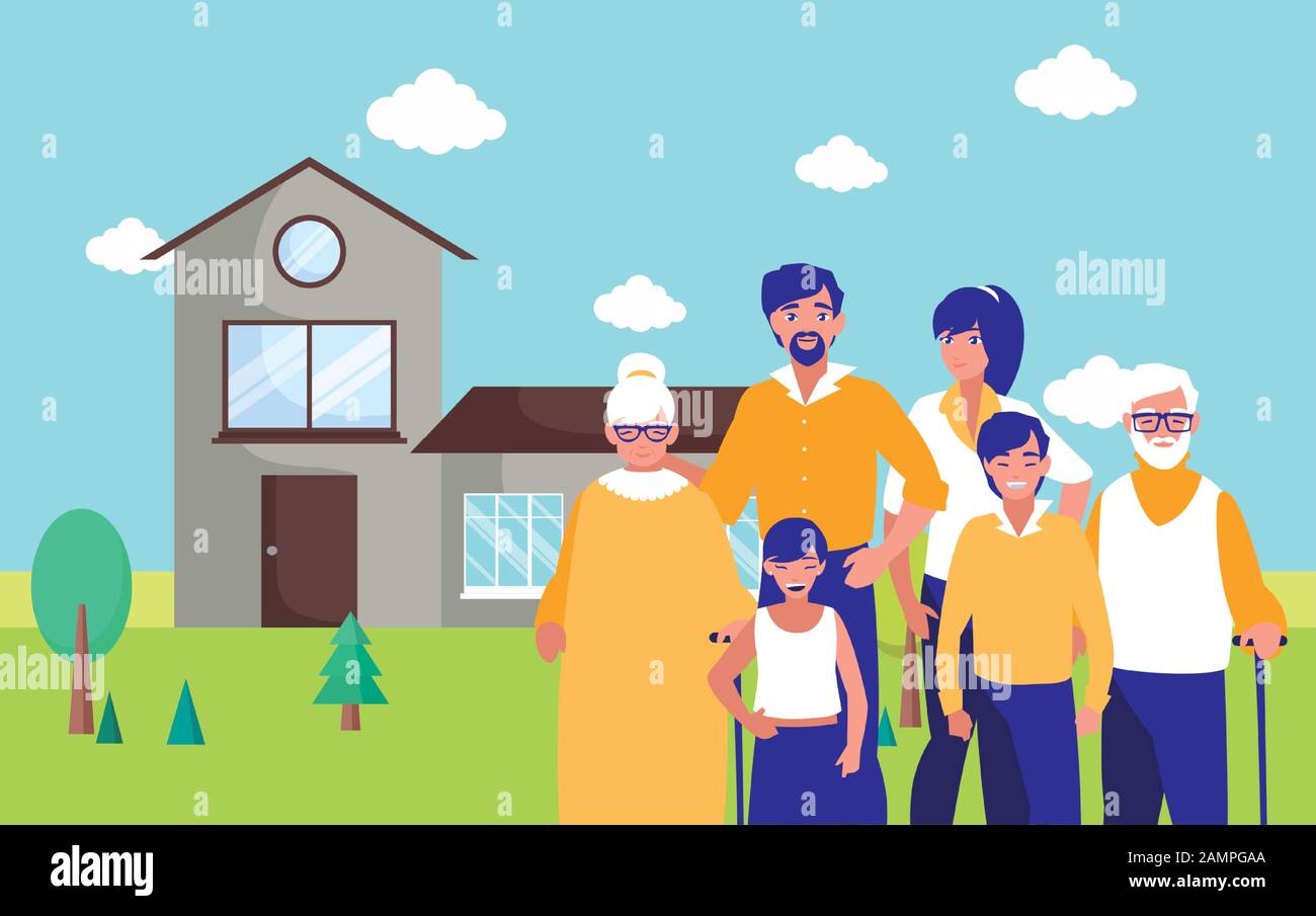 Grandparents parents and kids in front of the house design, Family ...