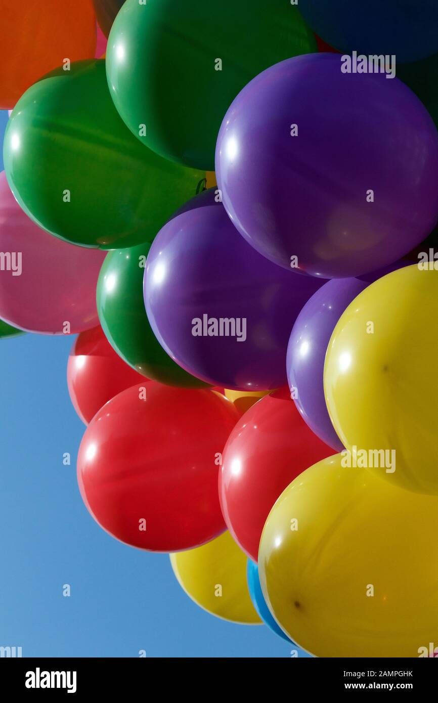 Multi-coloured party balloons pictured against a blue sky Stock Photo ...