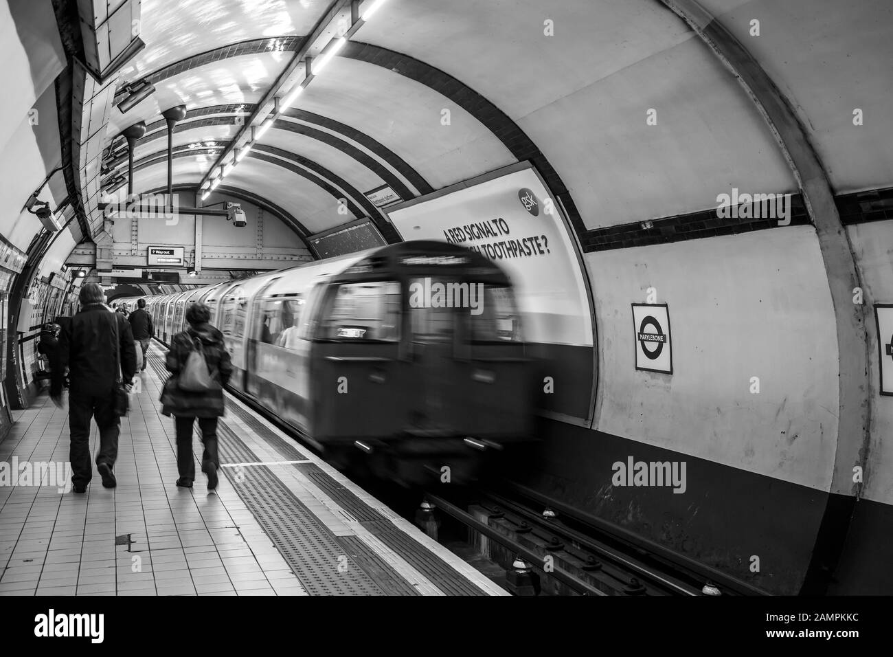 Black and white view inside Marylebone tube station on London ...