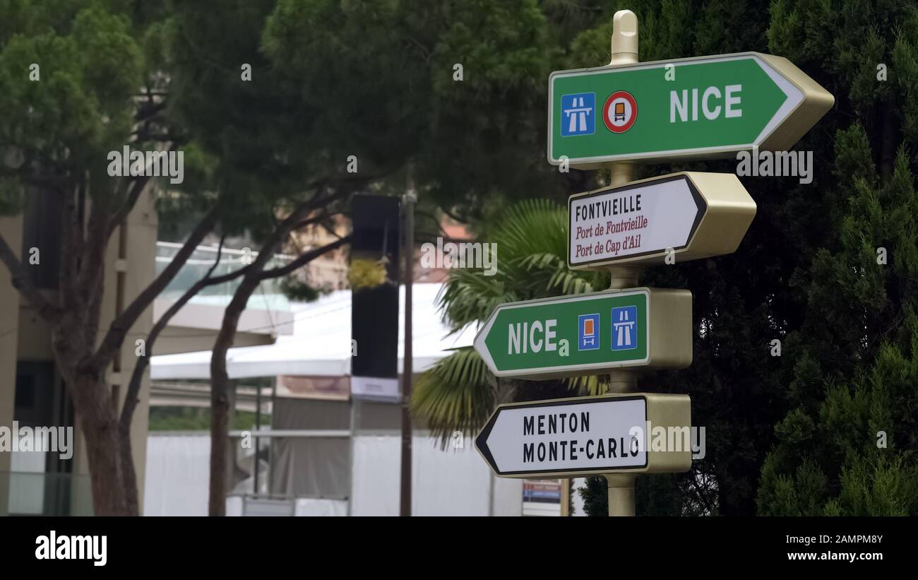 Road sign in Monaco indicating direction to Nice and Menton, road trip ...