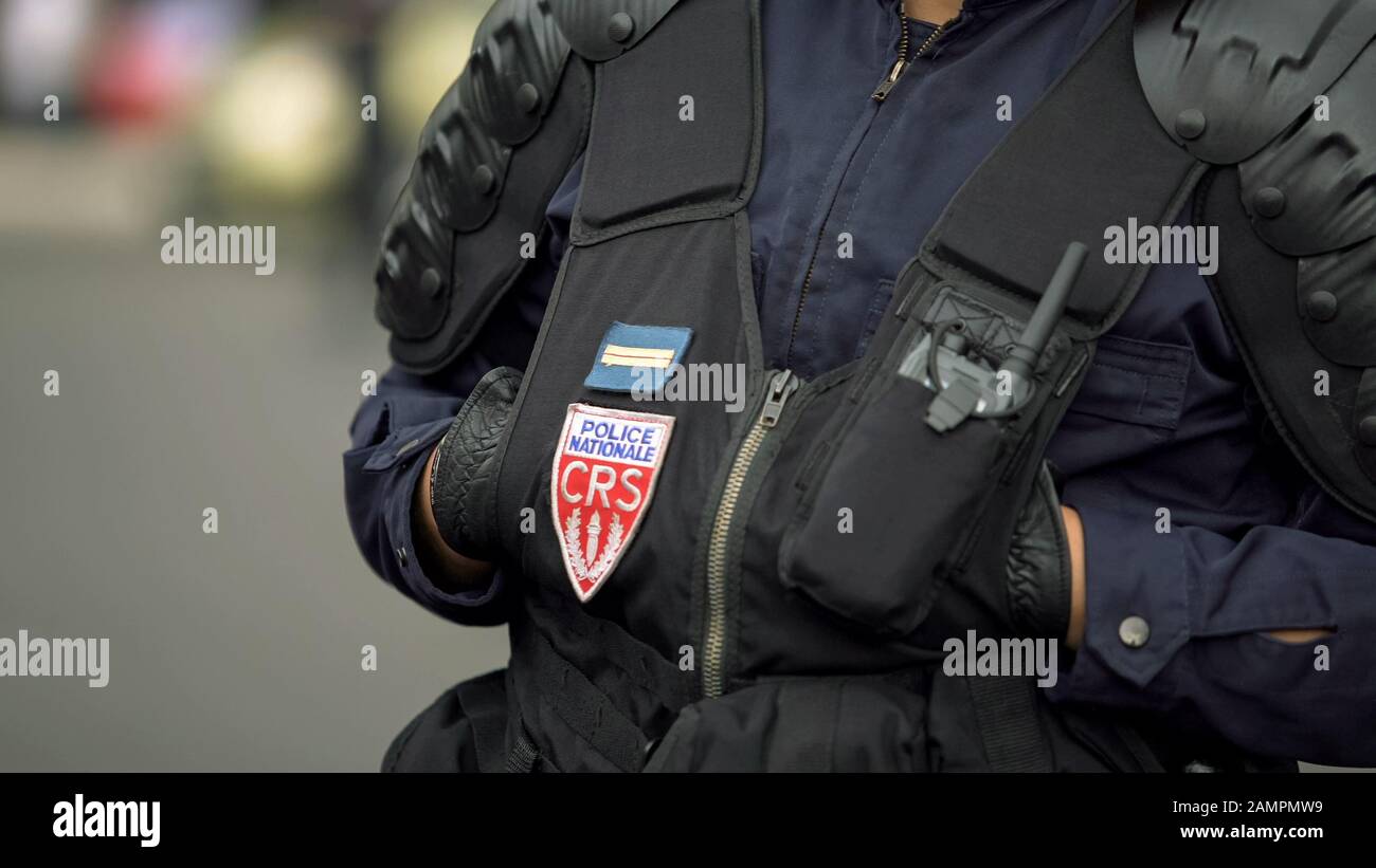 France policeman monitoring public order, protecting security in city ...