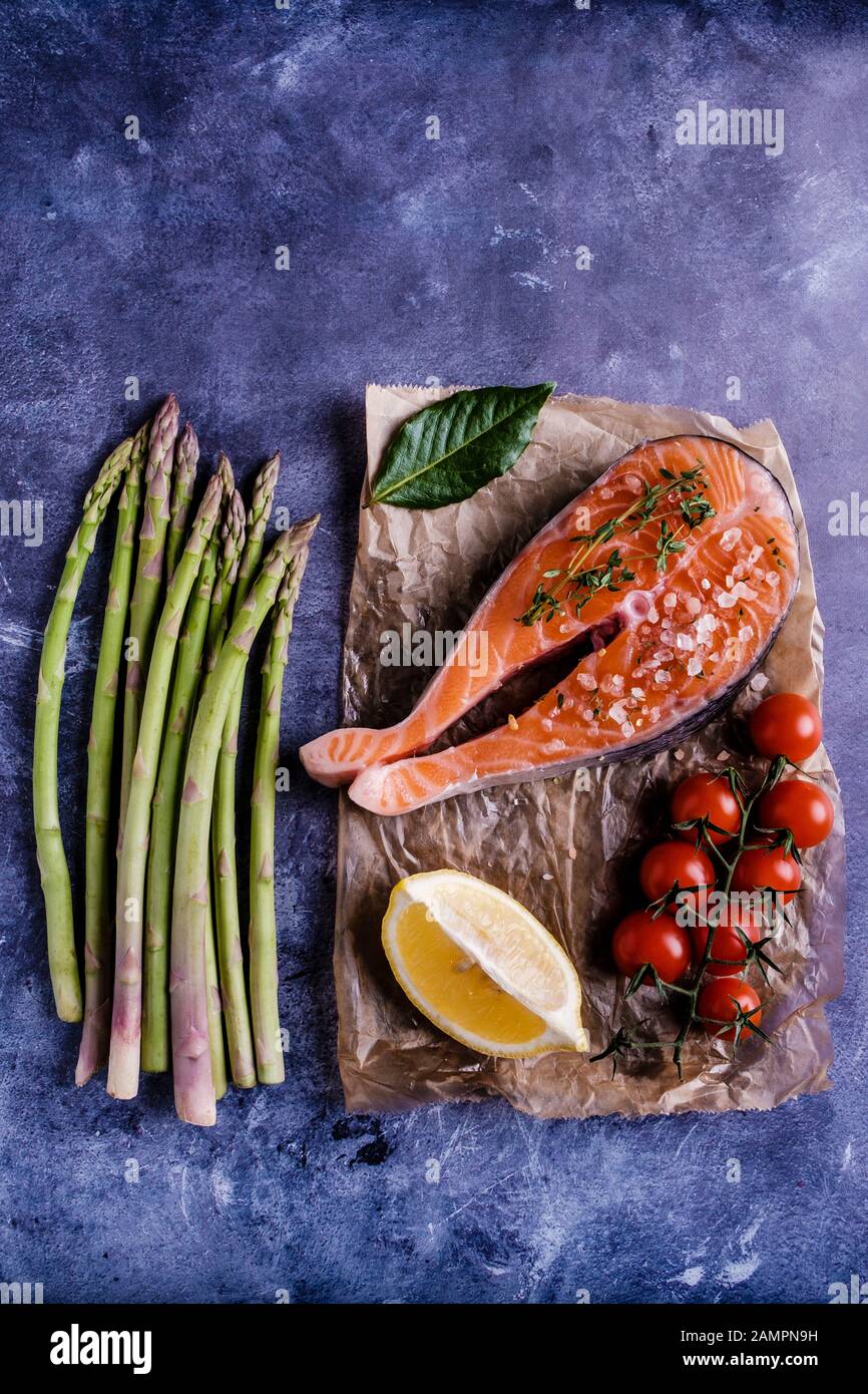 Healthy Food - Atlantic salmon steak with ingredients Stock Photo - Alamy