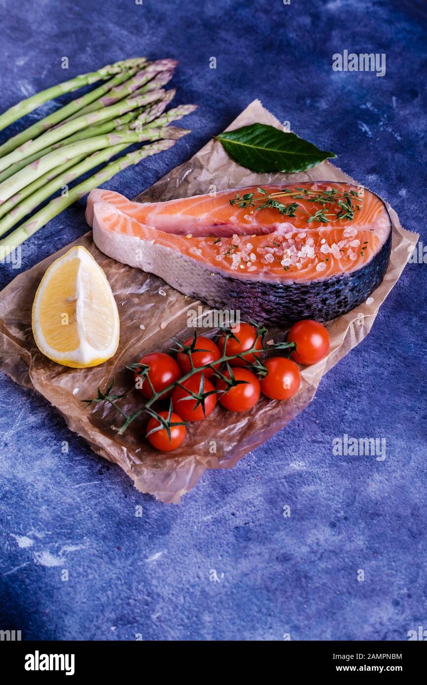 Healthy Food - Atlantic salmon steak with ingredients Stock Photo - Alamy