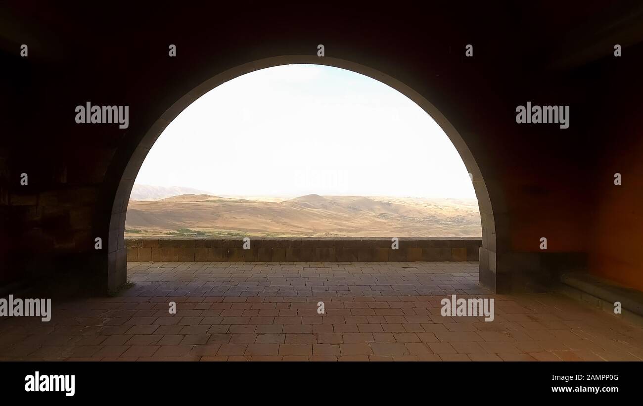 View through Arch of Charents, beautiful landscape with mountains ...