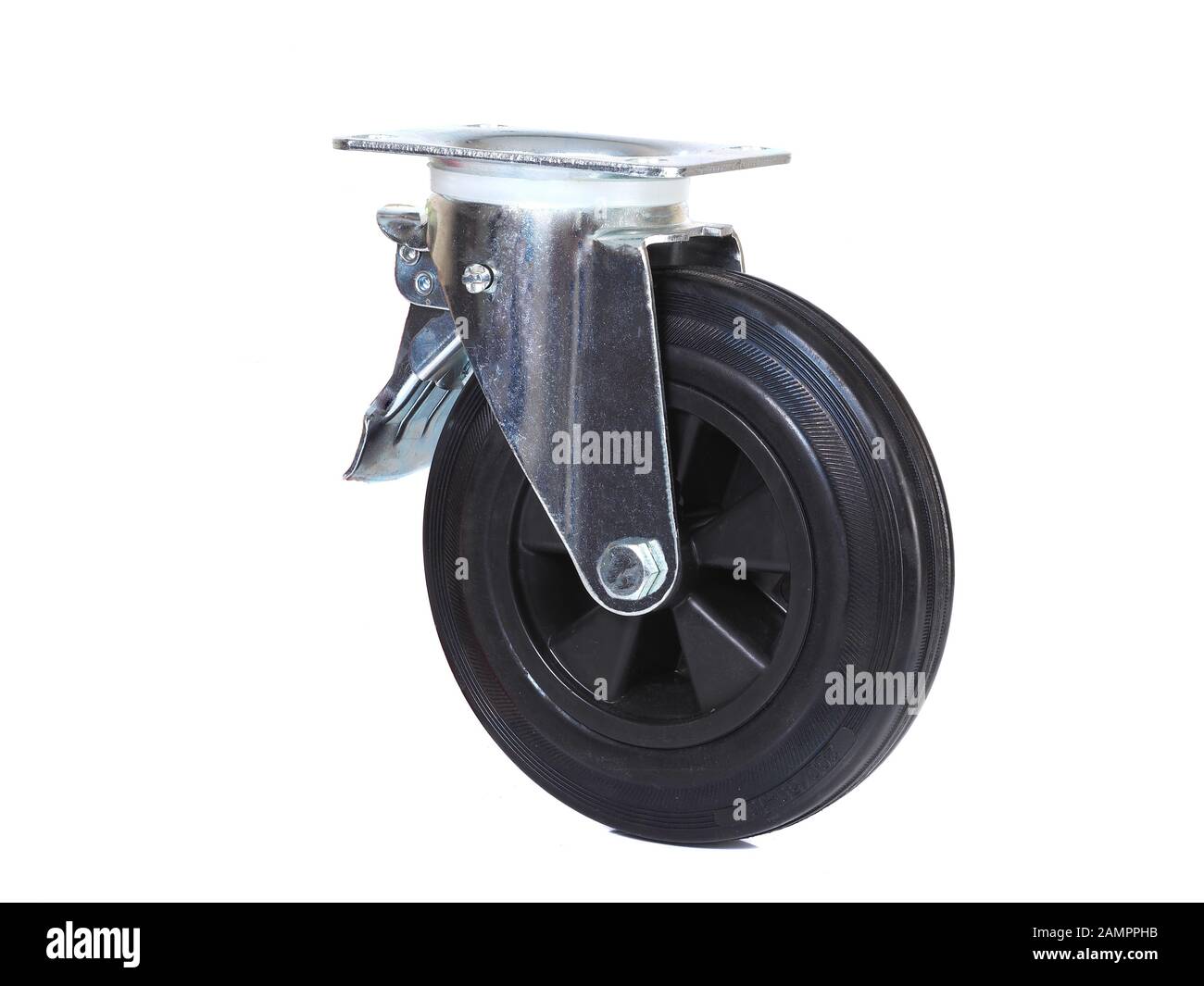 Black rubber wheel with a polypropylene disc in a bracket with a brake ...
