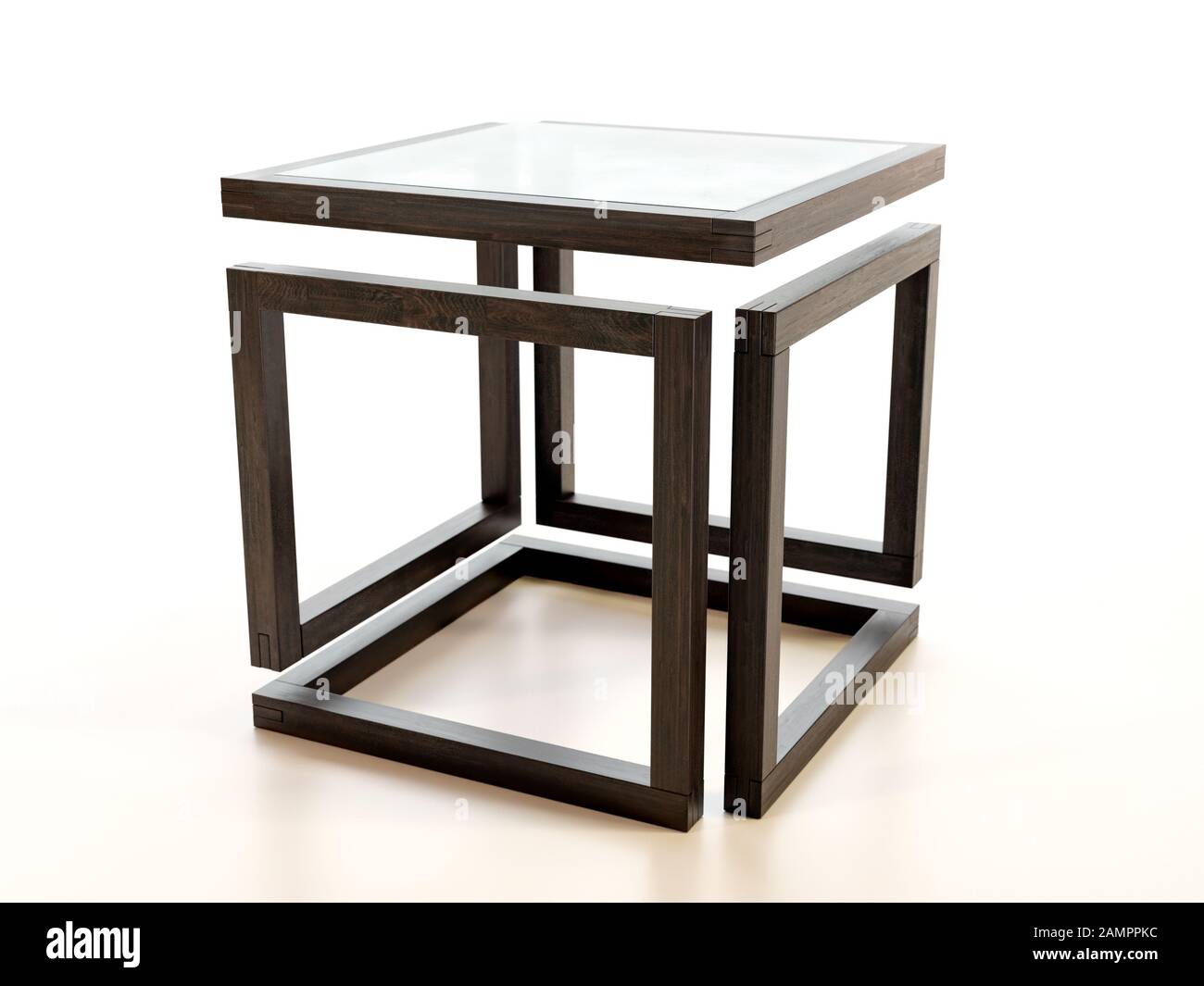 3D rendering of modern wooden coffee table with glass tabletop on white ...