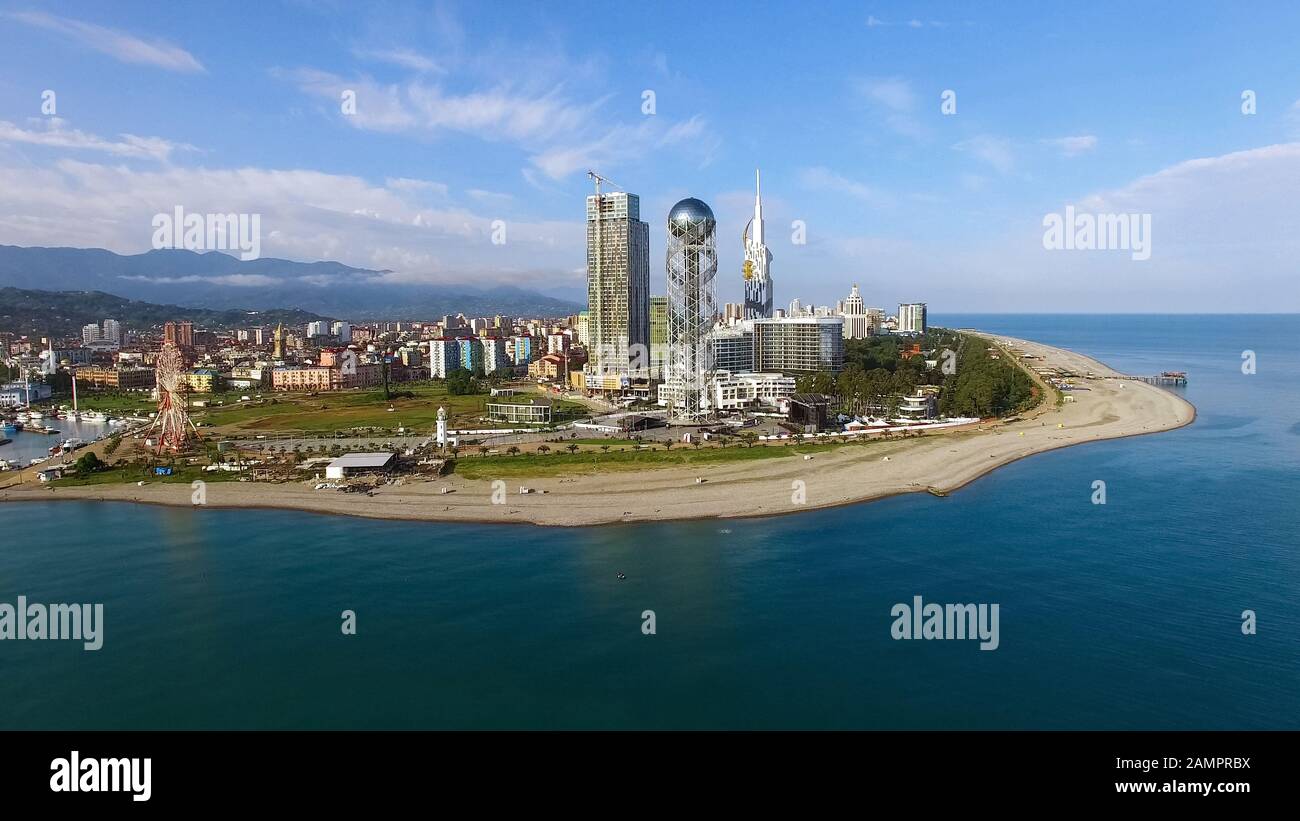 Buildings standing on seacoast of Batumi Georgia, aerial view from sea ...