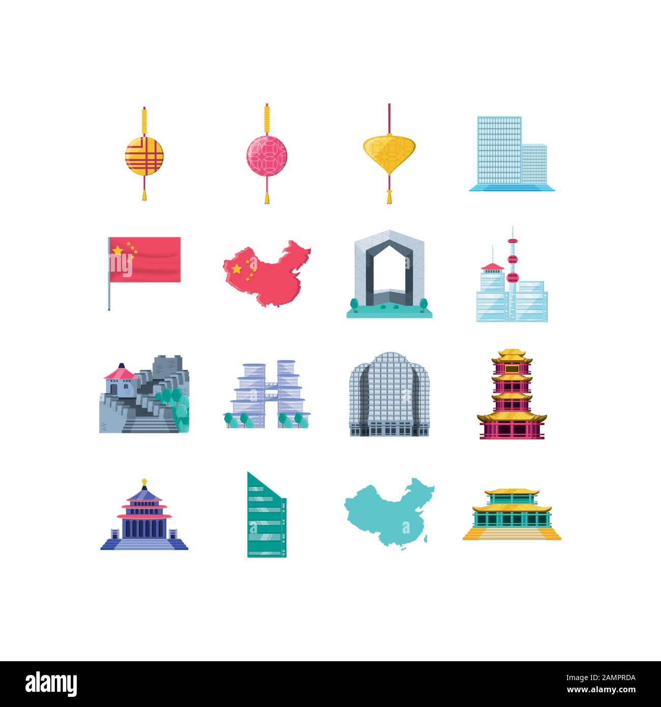 Chinese icon set design, China culture asia travel landmark famous ...