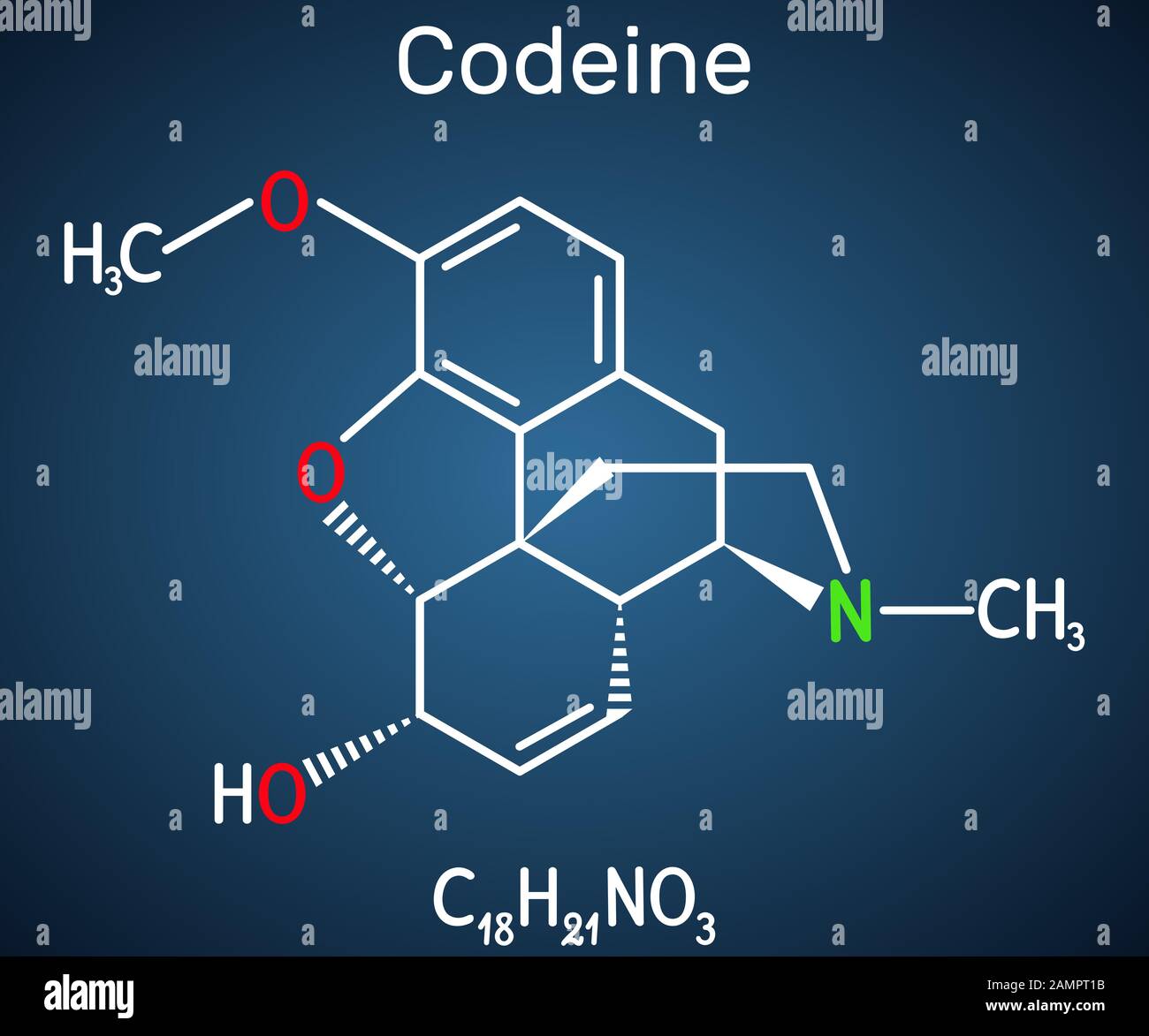 Codeine, opioid analgesic molecule. It is used as a central analgesic ...