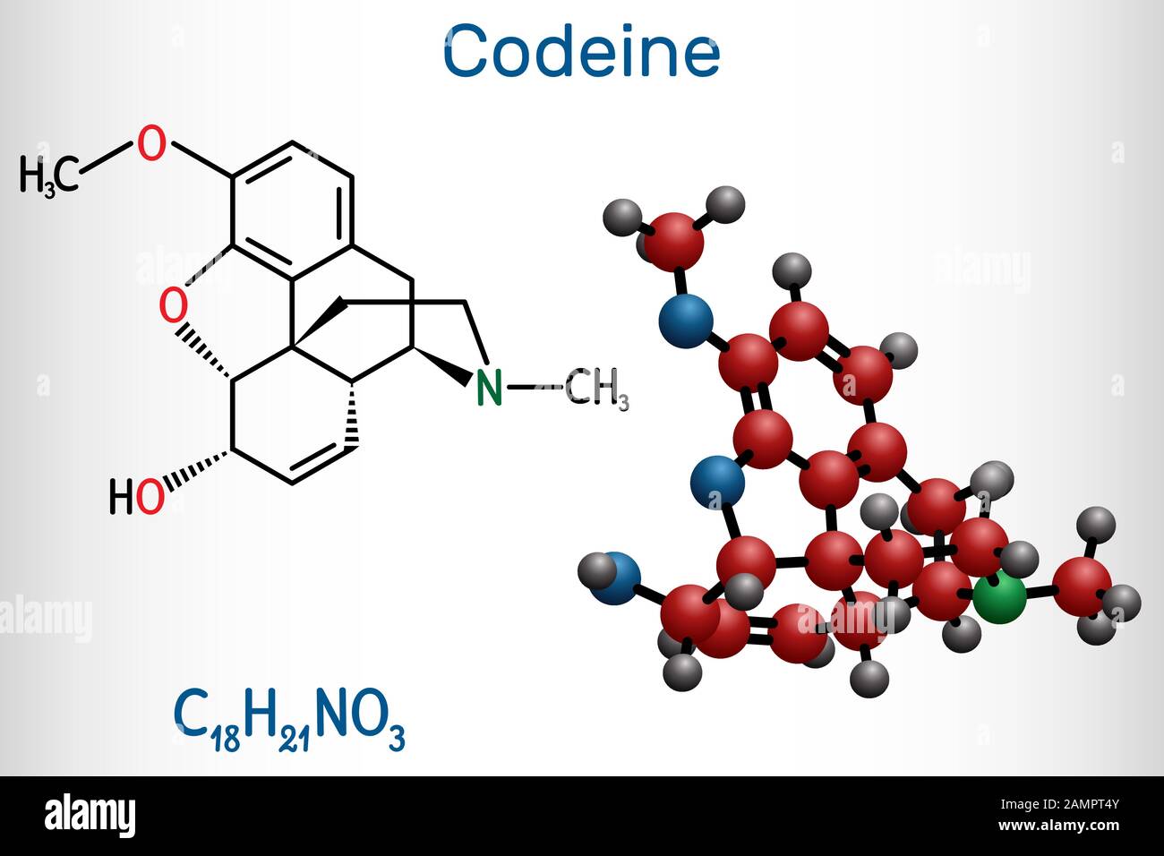 Codeine, opioid analgesic molecule. It is used as a central analgesic ...
