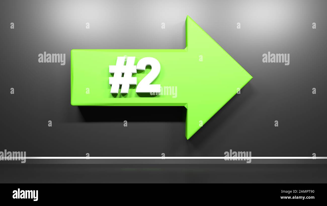 Number Two green arrow at black background - 3D rendering illustration ...