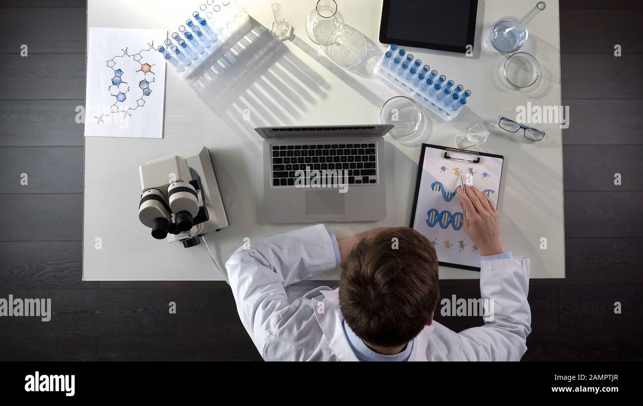 Medical student studying DNA image, conducting genetics research, top ...