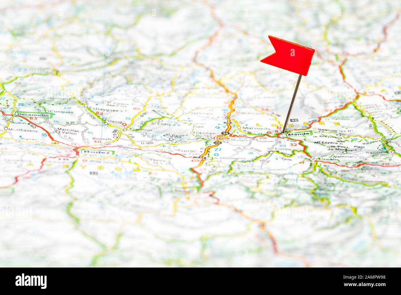 Red color flag pin on map, shallow focus Stock Photo - Alamy