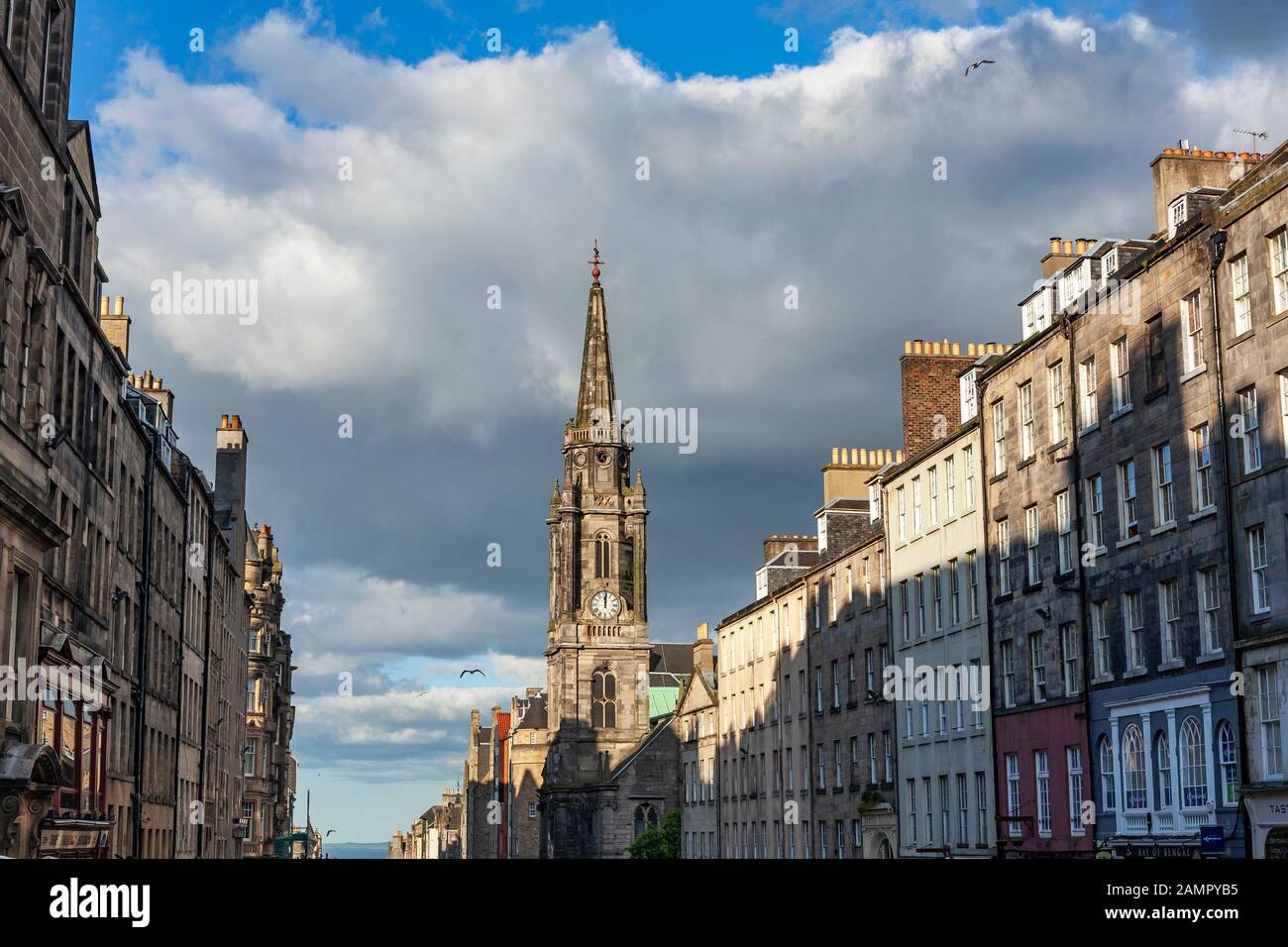 Light falls on Tron Kirk Tower as seen from High Street in Edinburgh ...