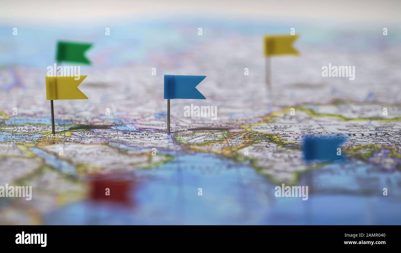 Locations Marked With Pins On World Map Global Communication Network