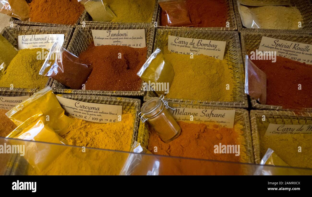Wide assortment of different condiments, herbs and spices at ethnic ...